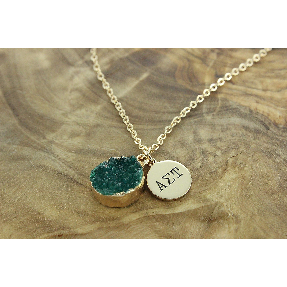 Sorority Shop AST Necklace - Alpha Sigma Tau Green Druzy Gemstone Necklace With Engraved Pendant – 14K Gold Dipped Jewelry with Green Gemstone – Sorority Gift, Charm Paraphernalia