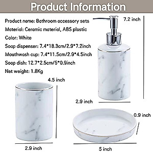 RUNLAIKEJI White Bathroom Accessories Set 4 Pcs,Home Bathroom Counter Set, Marbling Ceramic Bathroom Accessories with Soap Dispenser, Soap Dish, 2 Mouthwash Cups Box Packaging