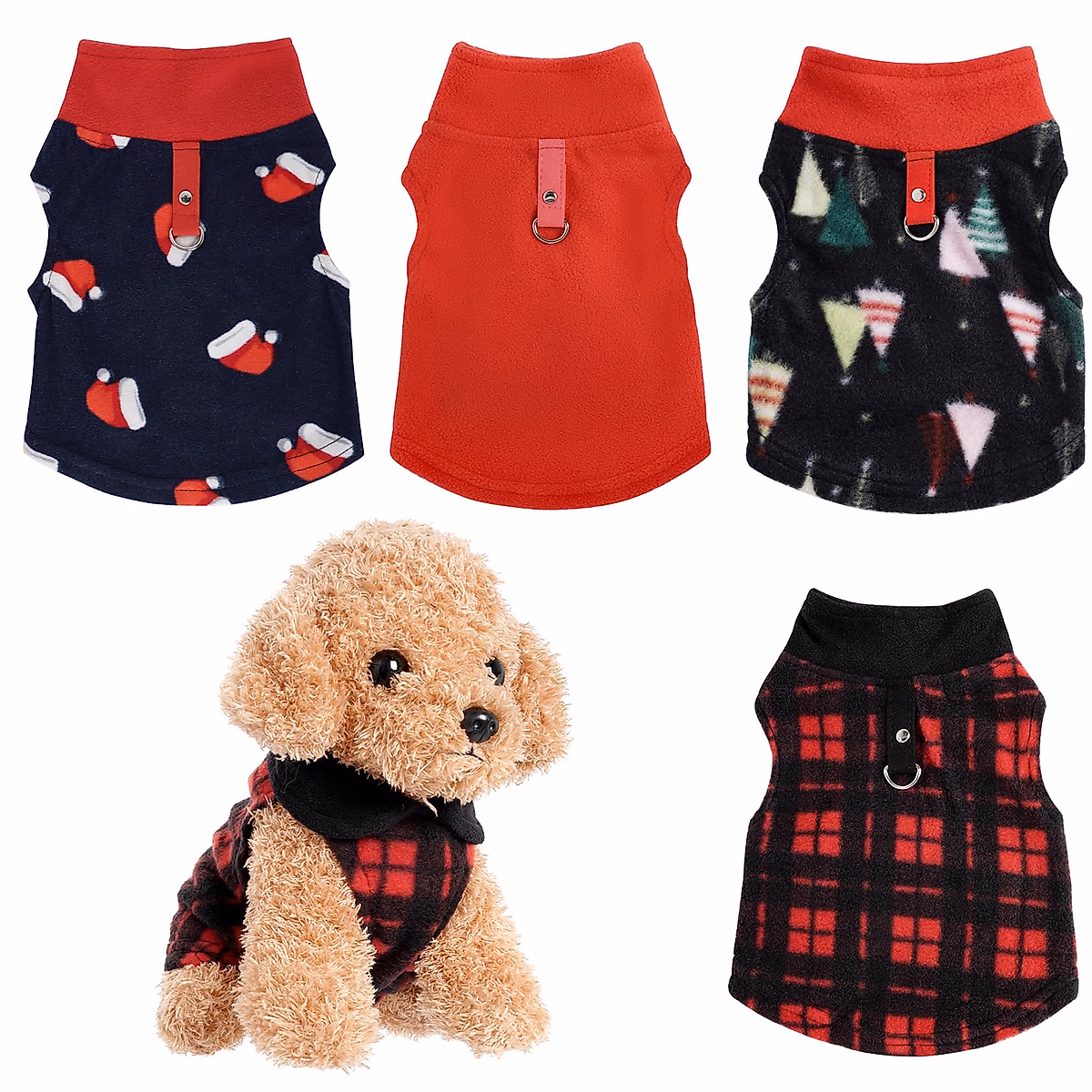 Rbenxia 4 Pieces Red Buffalo Plaid Dog Sweaters with Leash Ring Soft Fleece Vest Dog Pullover Warm Jacket Pet Dog Clothes Winter Dog Outfits for Small Puppy Cat Pets (Medium)