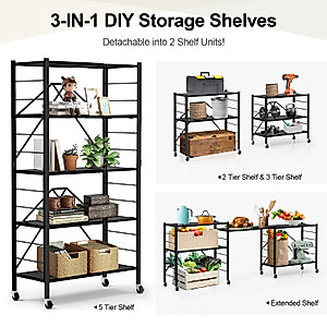 5 Tier Foldable Storage Shelves, Expandable Folding Shelving Units with Wheels, Changeable into 2 Shelf Units, Collapsible Adjustable Storage Rack Metal Shelves for Storage, Pantry, Garage, Kitchen