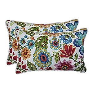 Pillow Perfect Bright Floral Outdoor Throw Accent Pillow, Plush Fill, Weather, and Fade Resistant, Small Lumbar - 11.5" x 18.5", Blue/Purple Gregoire, 2 Count