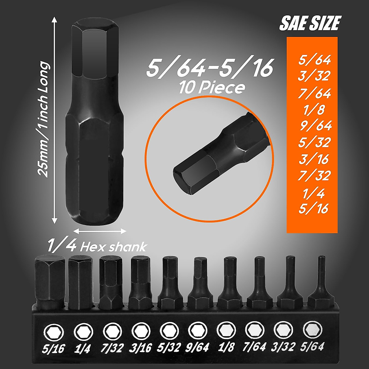 TEKPREM 20-Piece Metric & SAE Hex Bit Set with Magnetic 1/4" Screwdriver Bit Driver, Allen Wrench Drill Bits, Rubber Strip, and Storage Box