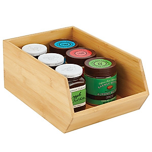 mDesign Bamboo Stackable Food Storage Organization Bin Basket - Wide Open Front for Kitchen Cabinets, Pantry, Offices, Closets, Holds Snacks, Dry Goods, Packets, Spices, Teas - 4 Pack - Natural Wood