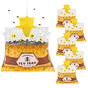 Fly Traps Outdoor Fly Trap Hanging, 6 Natural Pre-Baited Fly Bags Outdoor Disposable, Fly Hunter Catchers Control Killer Repellent Outdoors, Stable Horse Farm Barn Ranch Fly Trap for Mosquito Bug