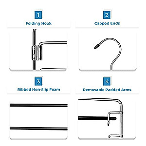 USTECH 4 Tier Swing Arm Pants Hanger | Space Saving Clothing Hangers with Foam Padding and Removable Arms | Alloy Steel Construction for Durability | Hook with Capped Ends for Added Safety | Pack of 2