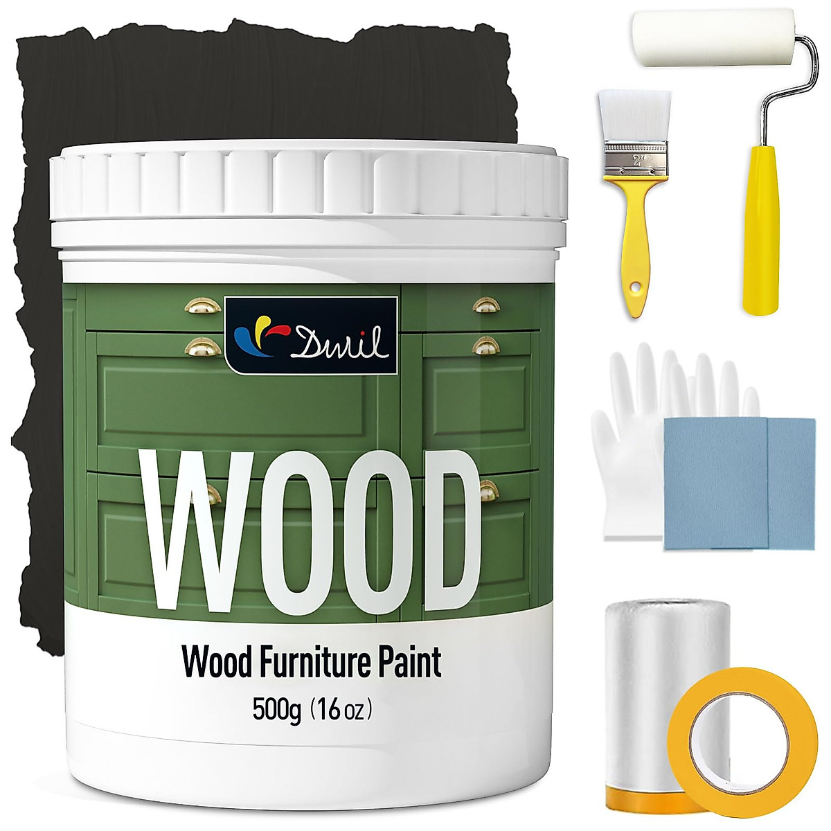 DWIL Matte Finish Furniture Paint - 16 Oz Wood Paint for Cabinets, Doors, Tables, and Dressers Refinishing - Water-Based, Non-Toxic & Odorless, Easy to Apply(Black)-With Tools
