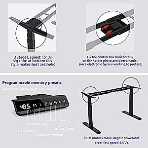 VWINDESK VJ201-S3 Electric Height Adjustable Sitting Standing Desk Frame Only/Sit Stand - Dual Motors 3 Segment Motorized Desk Base Only,Black