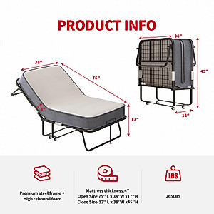PUREMIND Folding Bed with 4 Inches Mattress, Portable Rollaway Guest Bed for Adults with Metal Frame & Swivel Wheels, Twin Size Foldable Bed Fold Away Bed Space Saving