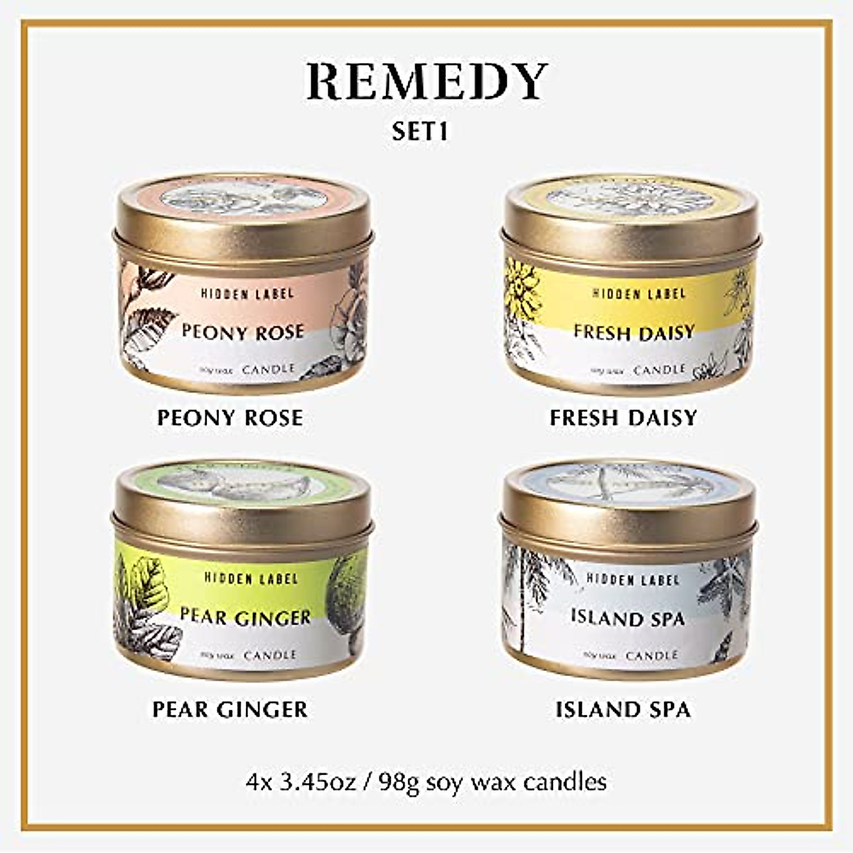 Hidden Label Scented Candles Gifts for Women, Remedy Collection Small Soy Candles 4pack 3.45oz Travel Tin, Gifts for Birthday Valentines Day Mothers Day Christmas(Set1)