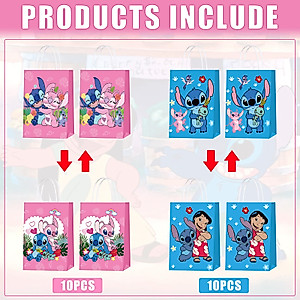 KULINAN 20 PCS Stitch Kraft Paper Gift Bags with Handles, Stitch Party Favor Bags Party Goodie Bags for Birthday Party Decorations