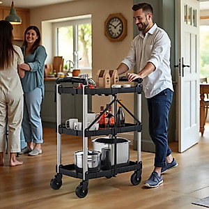 YITAHOME Folding Utility Service Cart, 240LBS 3 Tier Foldable Cart with Wheels Collapsible Cart on Wheels with 360°Swivel Wheels (2 with Brakes), Portable Cart for Home Garage Restaurant Office