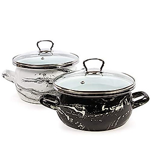 Enamel Stock Pot Shake White and Black Enamelware Pot Enamel Cooking Pot with Glass Lid (5.3-qt. (5 L))