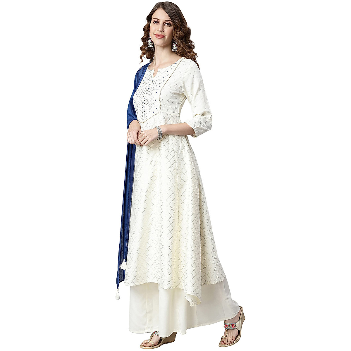 Janasya Indian Women's Off- White Yoke Printed Poly Silk Kurta with Palazzo and Dupatta