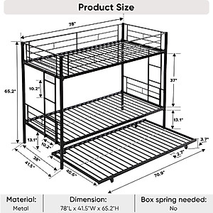 UOCFYK Twin Over Twin Metal Bunk Bed with Trundle,Twin Metal Bed Frame with 2 Ladder and Guardrails&Convertible Bunkbeds for Boys/Girls,Space Saving Design,No Spring Box Required,Black
