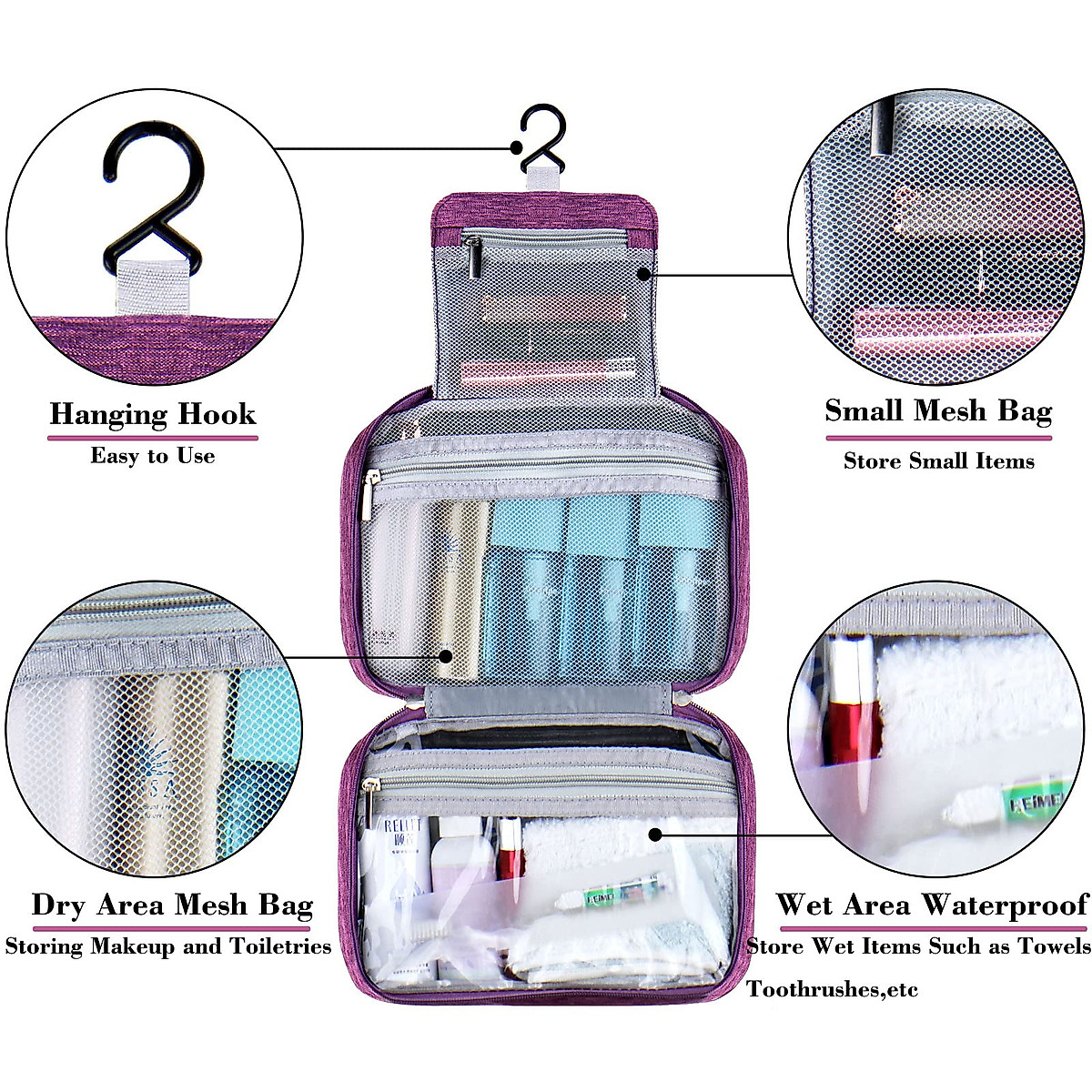 QIALUOBAO Travel Toiletry Bag with Hanging Hook, Small and Medium Water-resistant Makeup Cosmetic Bag, Full Size Container for Travel, Portable Cosmetic Organizer (Purple)