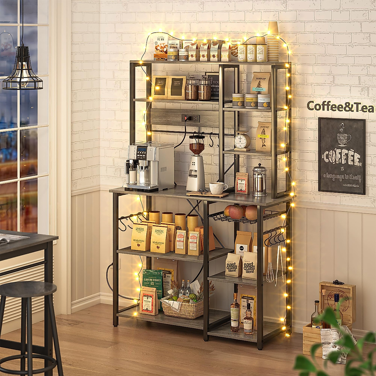 SUPERJARE Large Bakers Rack with Power Outlets, 6-Tier Microwave Stand, Coffee Bar with 12 S-Shaped Hooks, Kitchen Shelf with Wire Basket, 39.3 x 15.5 x 66.9 Inches, Charcoal Gray