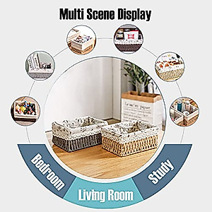 Storage Baskets for Shelves, Rectangular Organizing Woven Baskets Set with Removable Liners | Natural Seagrass, Decorative Home Storage Bin (Set of 3, Grey)