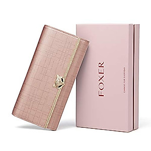Leather Trifold Wallets for Women, Genuine Leather Gift Box Packing Ladies Designer Clutch Purses with Zipper Pocket Women's Fashion Long Wallet Credit Card Holders Birthday Valentine Gift (Rose Gold)