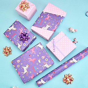 WERNNSAI Unicorn Reversible Wrapping Paper Roll - 1 Roll 17” x 33 ft Happy Birthday Wrapping Paper Roll Kids Unicorn Birthday Gift Wrap Roll Girls Wrapping Paper Polka Dot Design Unicorn Party Favor