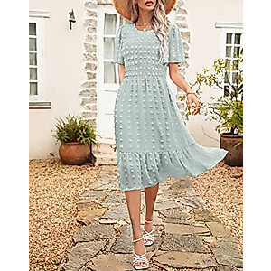 Annebouti Womens Summer Dress 2023 Flutter Short Sleeve Casual Modest Cute Swing Flowy Chiffon Swiss Dot Smocked Midi Dress Solid Light Green L