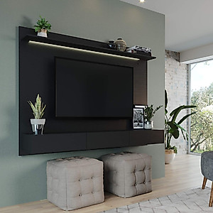 Naomi Home Bliss Modern Freestanding Wall Mounted Entertainment Center Floating TV Wall Panel for 70 inch TVs, Home Theater with LED Strip, Pull-Out Drawers and Overhead Shelf – Black, Solid Pine Wood