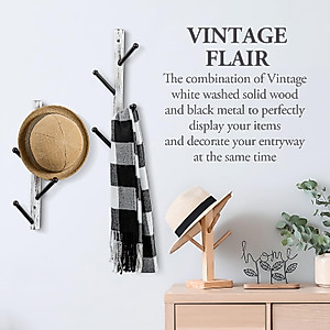 MyGift 4 Hook Wall Mounted Shabby White Washed Solid Wood and Black Metal Hat Coat Hanger Tree, Vertical Entryway Hanging Garment Rack with Branch Style Hooks, Set of 2