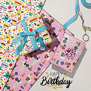 GIOLAINY Birthday Wrapping Paper for Kids Boys Girls Baby Shower - Gift Wrap with Funny Dogs, Cute Monster, llama and ''Happy Birthday'' Design - 8 Sheets (20 * 29 Inch per Sheet), Recyclable, Easy to Store, Not Roll