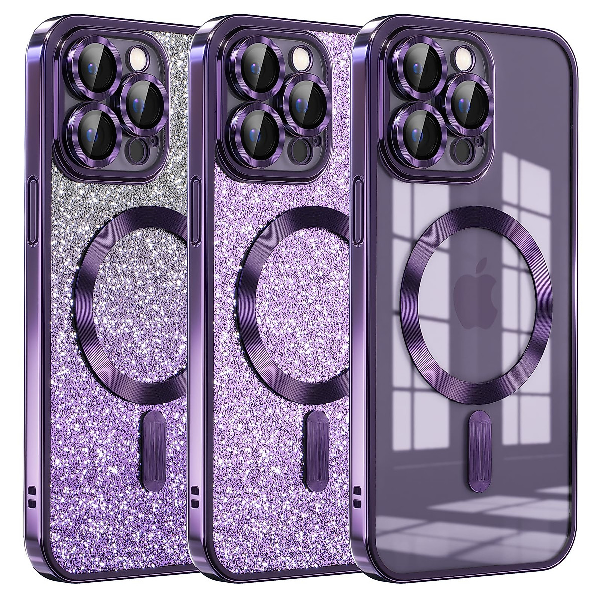 QVLANG Magnetic Clear Case for iPhone 14 Pro Max Case [Compatible with MagSafe] [Full Camera Lens Protection] [2 Replaceable Glitters] Luxury Shiny Cover for Women Girls (6.7") - Deep Purple