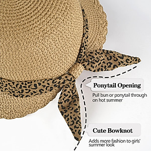 Girls Straw Sun Hat Kids Summer Beach UV Protection Hats Toddler Baby Childrens Little Girl Ages 3 4 5 6 7 8 9 10 Years Khaki Leopard Wide Brim Foldable Sunhat with Chin Strap Cute Bow Ponytail Cap