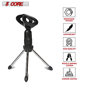 5 Core Desk Mic Stand • Angle Adjustable Table Tripod • Portable Desktop Microphone Stand • Includes Universal Mic Holder • Compatible w Dynamic Handheld Microphones MINI TRIPOD MIC STAND