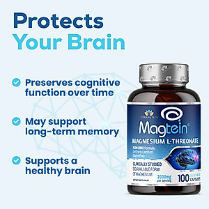 Magnesium L Threonate (Original Magtein Formula) - 2000 mg 100 Vegan Capsules Non-GMO Highly Absorptive Pure Supplement A Vitamin for Cognition Pills are Without Laxative Properties
