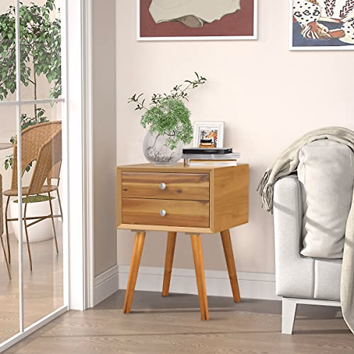 Giantex Nightstand with 2 Drawers Set of 2, Mid Century Modern Bedside Table with Solid Wood Legs, Practical End Side Table for Living Room Bedroom Small Space, Night Stand, Walnut