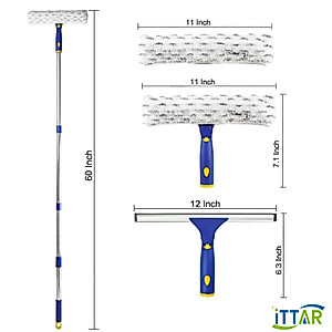 ITTAR Window Squeegee Cleaner Kit, Rotatable Rubber Squeegee and Microfiber Scrubber-2 Pads, Washing kit with 60" Telescopic Stainlees Steel Pole, Window Cleaning Tool for Home Shower Car Windshield