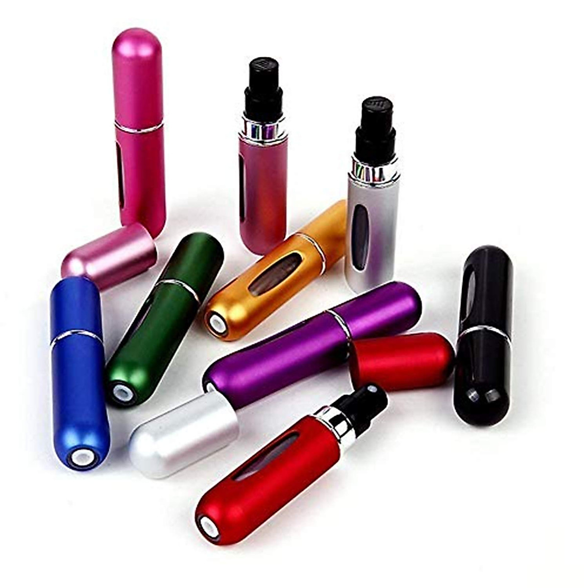 MuOu 3 Pack - 5 Milliliter Mini Refillable Perfume Atomizer Bottle, Multicolor Perfume Spray, Scent Pump Case for Traveling and Outgoing (Gold-Black-Silver)