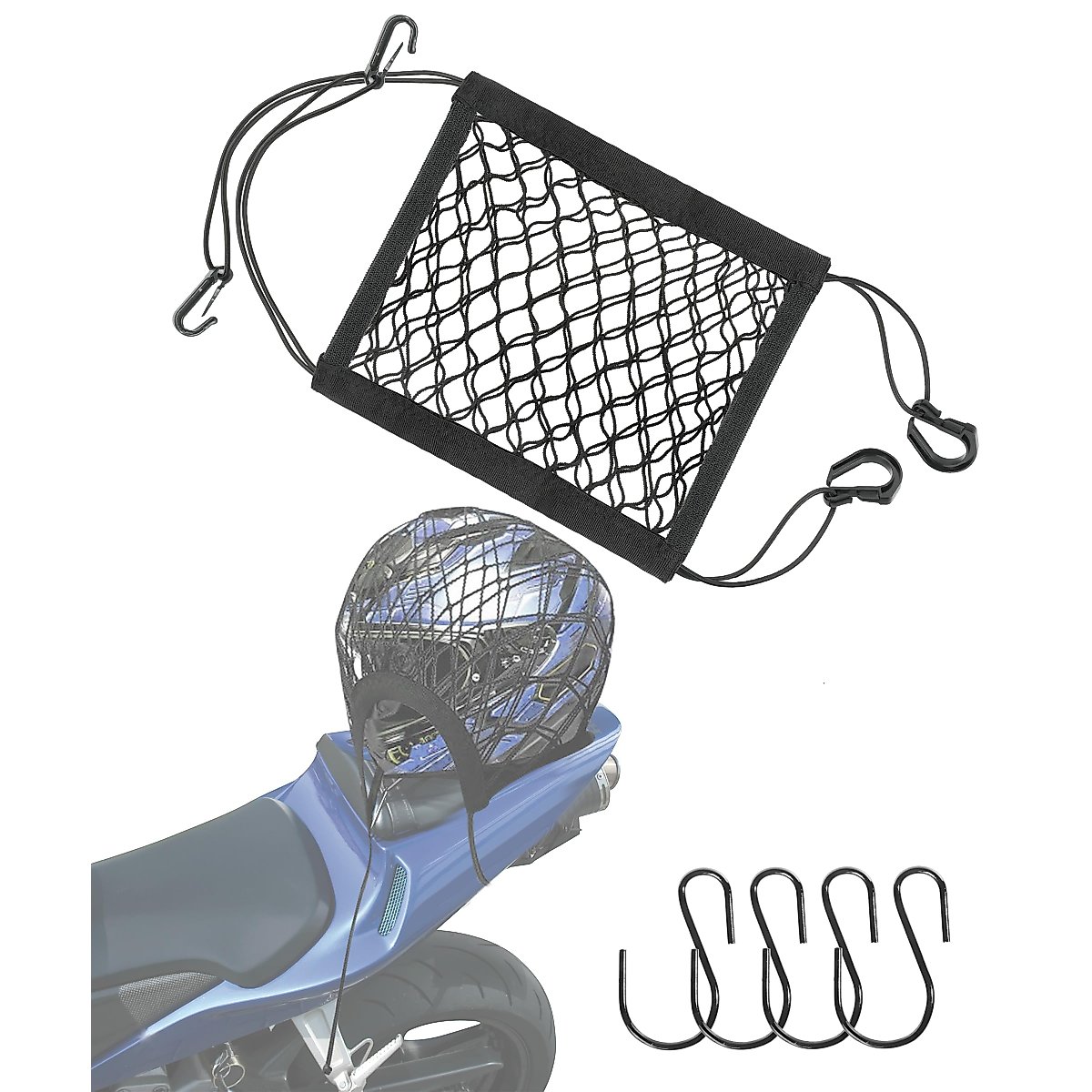 RACOONA Motorcycle Cargo Net,Car Accessories Cargo Net for Motorcycle Helmet Storage,10"X11" Elastic Double Layer Bungee Net with 4 Metal Hook