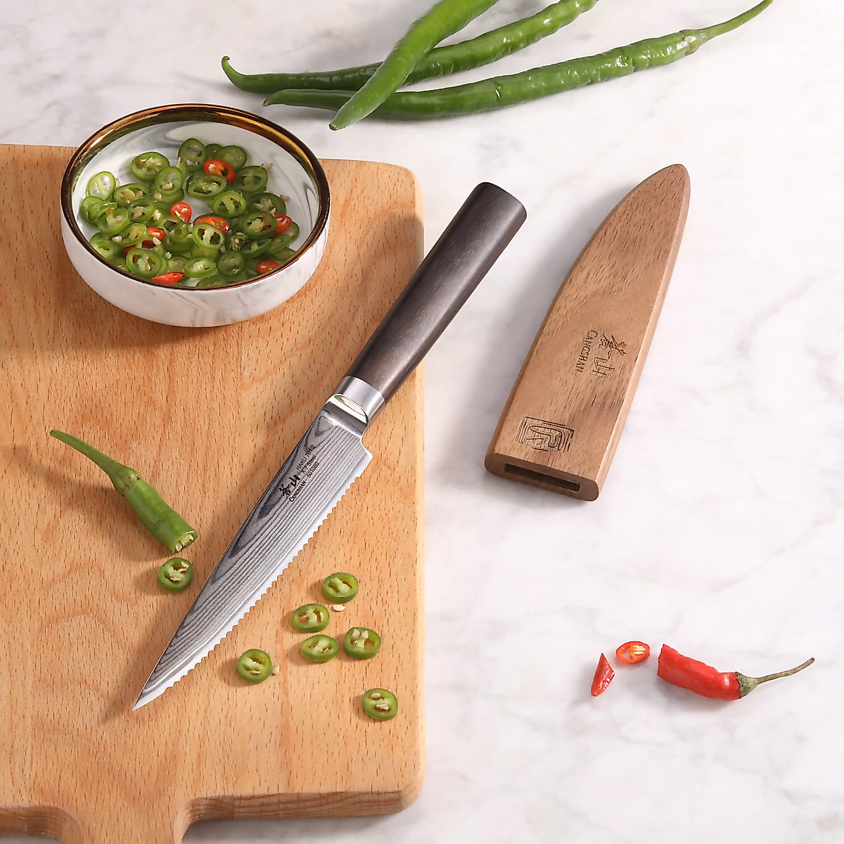 Cangshan HAKU Series 5-Inch Serrated Utility Knife with Sheath, Forged X-7 Damascus Steel, 501080