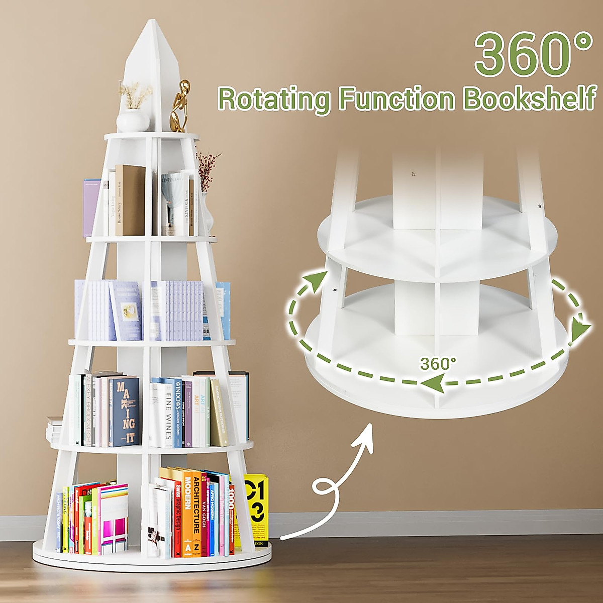 HPWLYO 5 Tier Rotating Book Shelf, 71 inch Spinning Bookshelf Tower, 360 Display Wood Standing Storage Rack,Revolving Corner Bookshelf for Bedroom,Study Room Black (White)