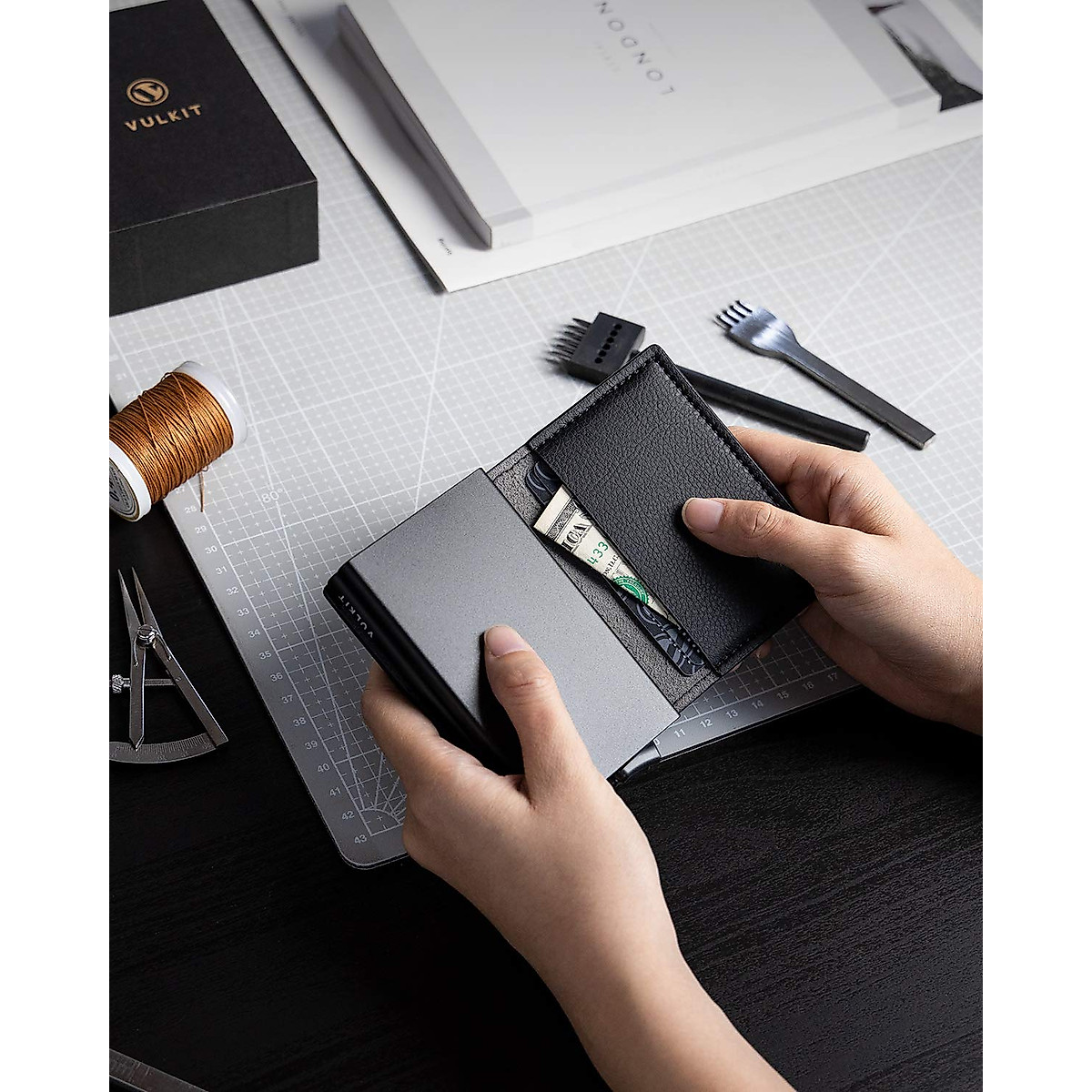 VULKIT Pop Up Wallet Automatic Leather Slim Credit Card Holder RFID Blocking Metal Double Card Case for Men and Women Black