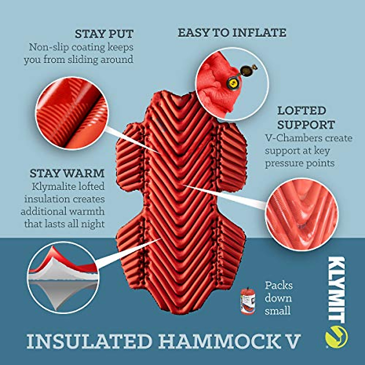 Klymit Inflatable V Hammock Pad, Pair with Klymit Traverse Hammock,Red