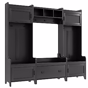 CKLMMC Modern Entryway Coat Hanger, 4-in-1 Multiple Functions Hall Tree with a Storage Bench, 7 Metal Black Hooks, and 4 Storage Cabinets (Black@4-in-1*)