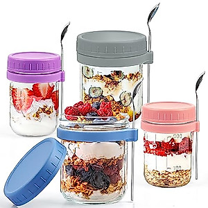 ZIJUND Overnight Oats Containers with Lid and Spoon, 16 oz & 10 oz Glass Mason Overnight Oats Jars, 2 Large & 2 Small Family Sharing, Airtight Jars for Salad, Cereal, Fruit (4 Pack)