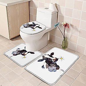 3 Piece Bath Rugs Sets,Watercolor Farm Cow with Daisy Toilet Sets Non Slip Bath Mat, Water Absorbent U-Shaped Contour Toilet Mat, Toilet Lid Cover,White Black