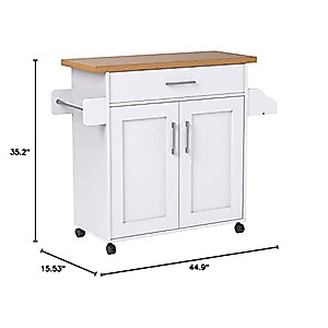 Hodedah Kitchen Island with Spice Rack, Towel Rack & Drawer, White with Beech Top, 15.5 x 35.5-44.9 x 35.2 inches