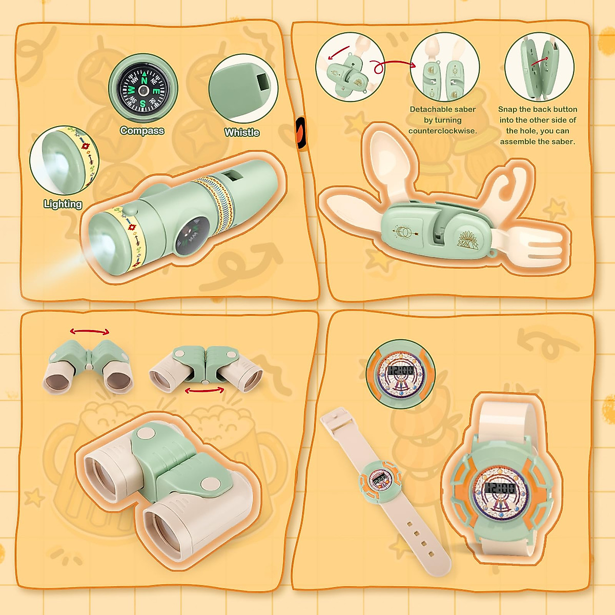 deAO Kids Camping Toys Set with Play Tent,23 PCS Outdoor Pretend Camping Toys with Light & Spray for Kids Boys Girls Age 3 4 5 6, Include Kids Camping Tent,Pot and Dish