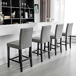 DAGONHIL 24 inch Bar Stools Set of 4, Counter Height Bar Stools with Backs, Nail Head Barstools with Wood Legs, Upholstered Kitchen Island Chairs, Gray