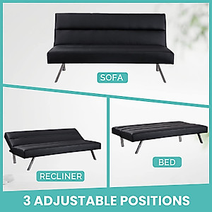 Naomi Home Zoe Futon Sofa Bed, Faux Leather Futon Couch, Modern Convertible Folding Sofa Bed Couch with Chrome Legs, Reclining Mini Couch, Leather Futon Small Couch for Bedroom Living Room - Black