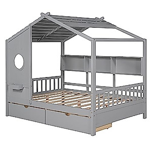 DEYOBED Kids Wooden House Bed, Full Size House Bed Frame with Storage Shelf, 2 Drawers and Roof for Boys Girls, Kids Montessori Bed with Playhouse Design for Bedroom, Space-Saving, Full, Gray