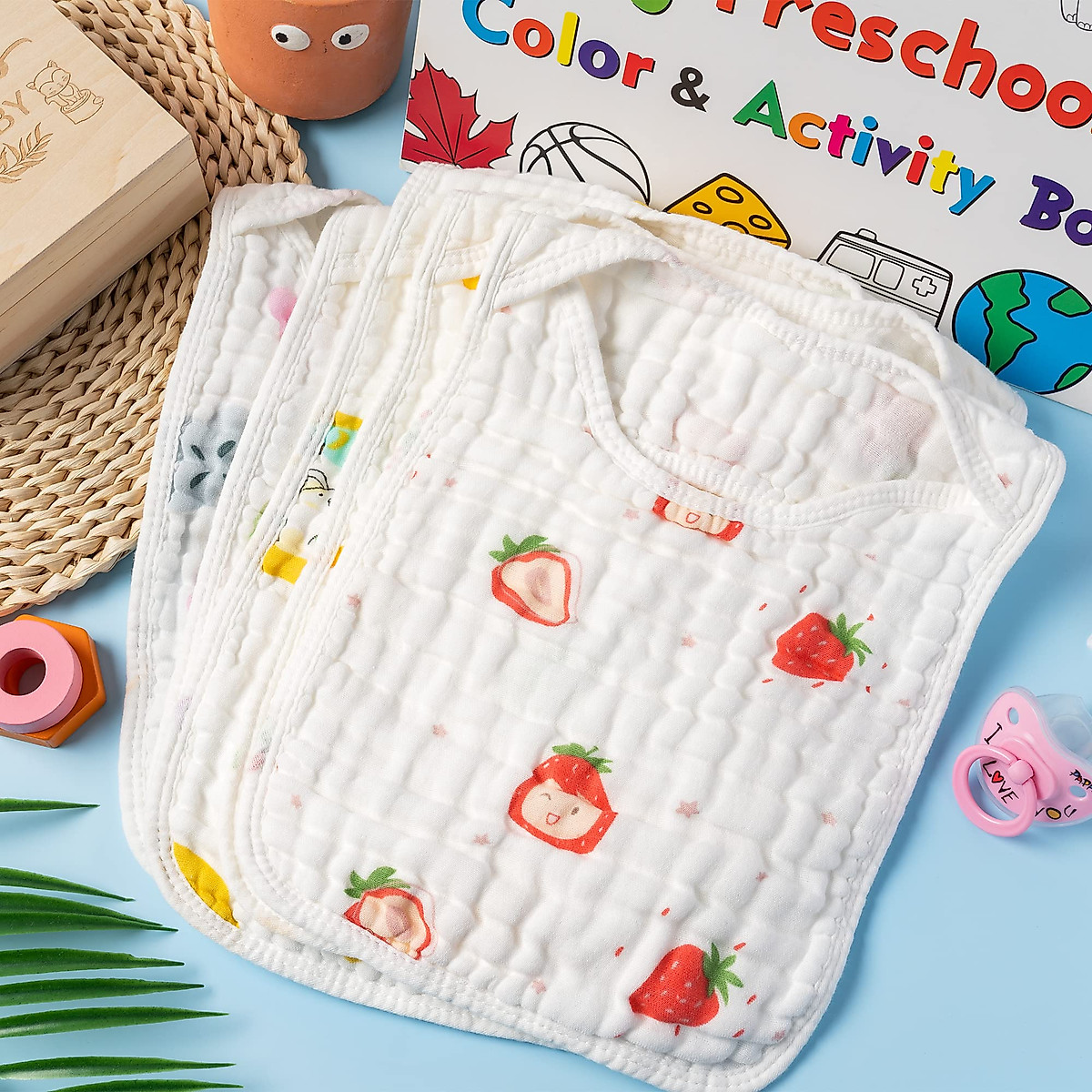 Zainpe 5Pcs Muslin Baby Bibs Banana Lemon Strawberry Pattern Cotton Lap-Shoulder Cloths Drool Bibs Machine Washable Feeding Bib with 6 Absorbent & Soft Layers for Unisex Infants Toddlers Newborns