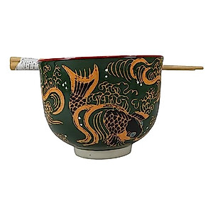 Ebros Gift Colorful Green And Yellow River Koi Fishes With Crystals Ramen Udong Noodles Bowl With Built In Chopsticks Rest and Bamboo Chopstick Set for Kitchen Dining Soup Rice Meal Bowls (1)
