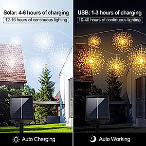 4 Pack Solar Firework Lights 480 LED With USB Charging Remote Starburst Lights 8 Modes Hanging Fairy Light Christmas Decorative Hanging Star Lights for Wedding Party Patio Garden Decoration Warm White